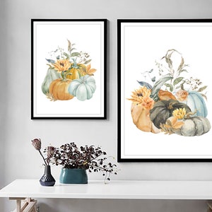 Fall Pumpkin Printable Art Set With Flowers , Autumn Wall Art Prints ...
