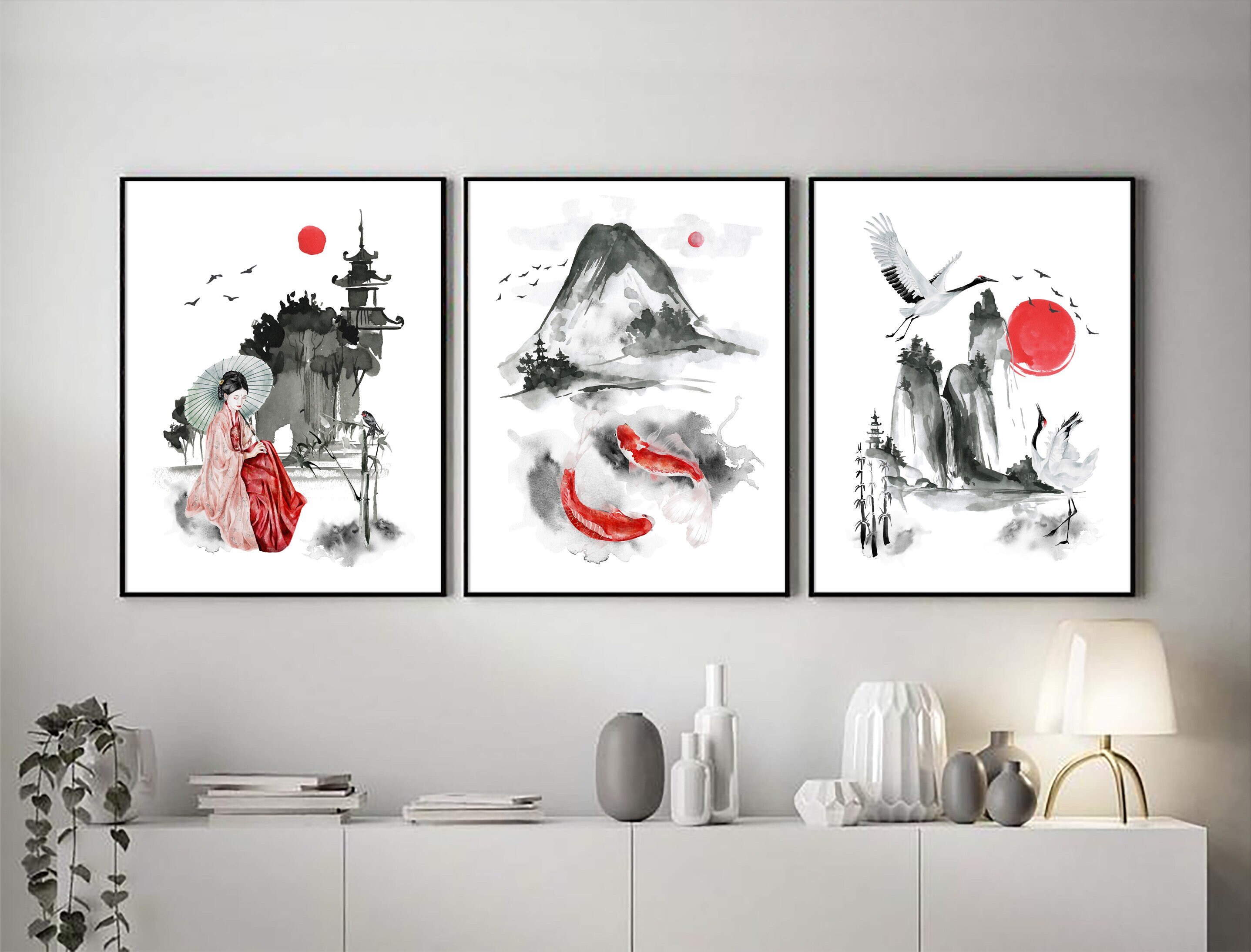Japanese Ink Art Set, Black White Red Japanese Printable Wall Art ...
