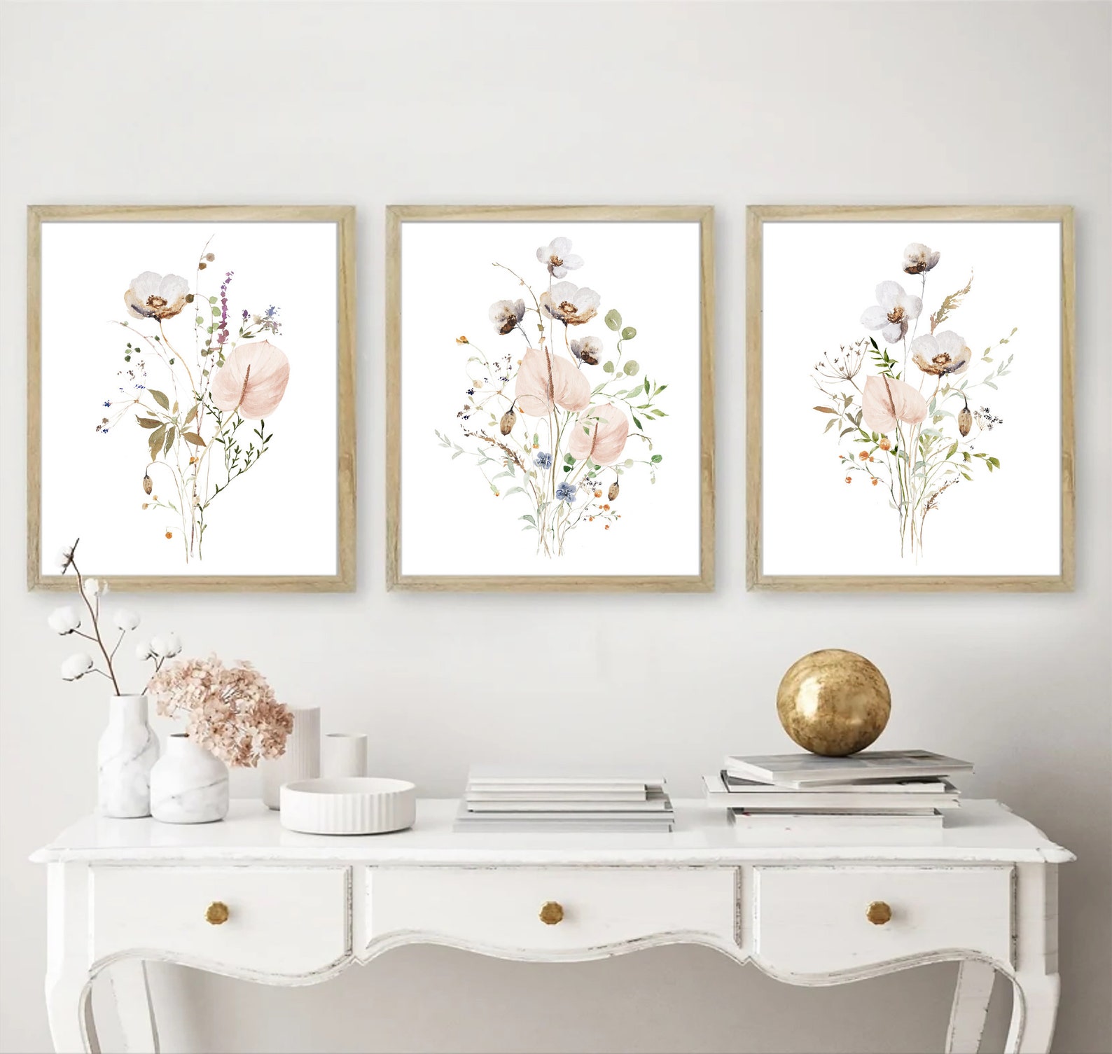 Blush Pink Flowers Art Set Wildflower Bouquet Prints - Etsy