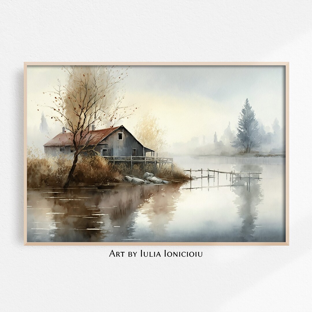Lake House Landscape Painting Old Lake House Neutral Wall - Etsy
