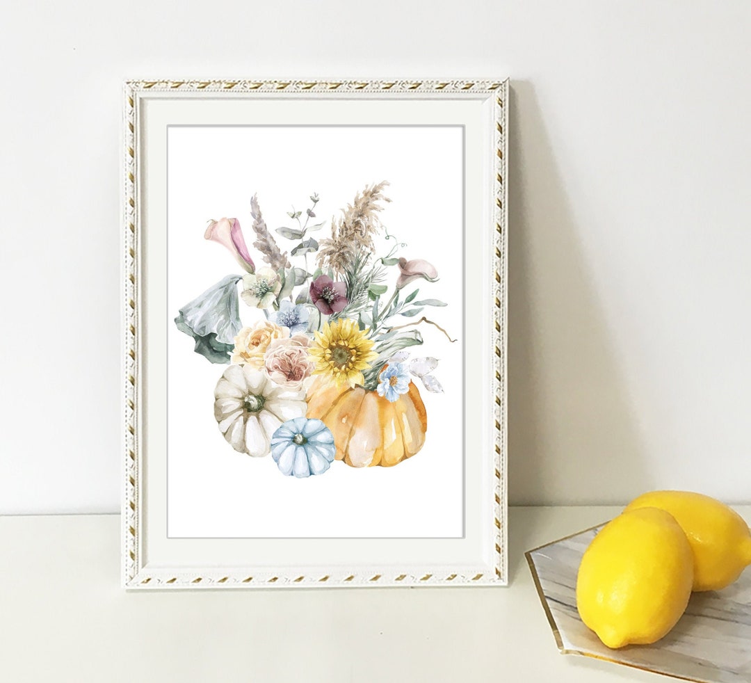 Fall Pumpkin Printable Art With Flowers Autumn Wall Art Print Download ...