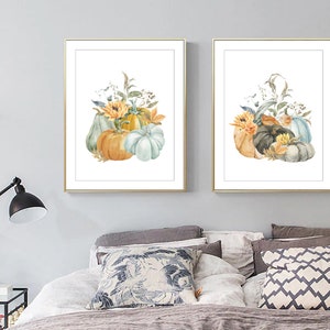 Fall Pumpkin Printable Art Set With Flowers , Autumn Wall Art Prints ...