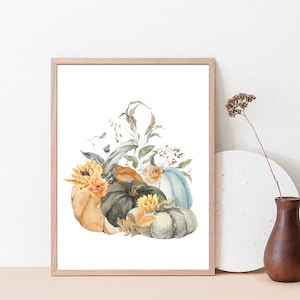 Fall Pumpkin Printable Art Set With Flowers , Autumn Wall Art Prints ...