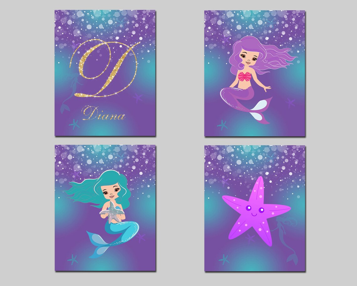 Printable Mermaid Set Purple and Turquoise Girl Nursery Art, Playroom ...