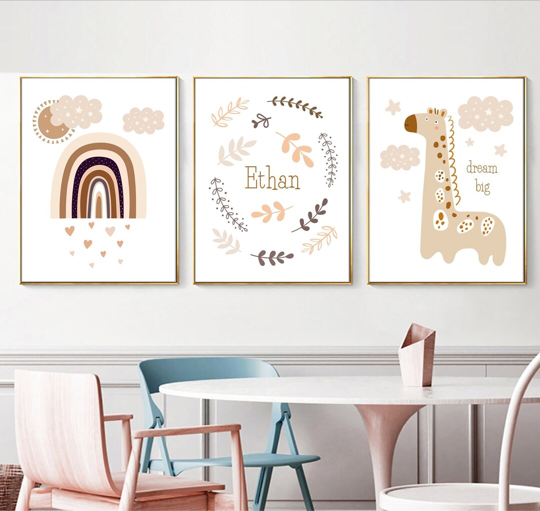 Personalized Nursery Rainbow Giraffe Art Set Printable, Dream Big ...