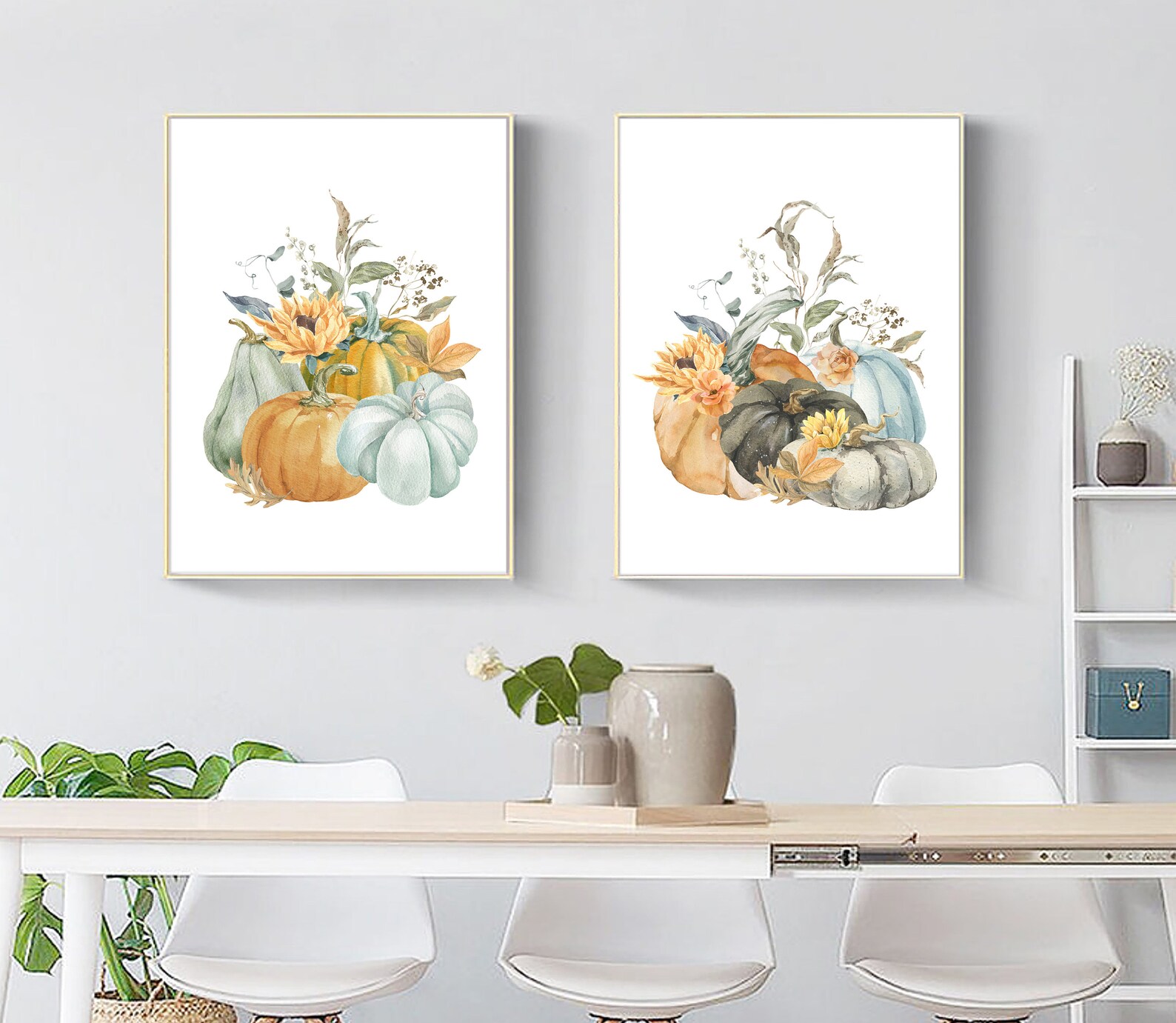 Fall Pumpkin Printable Art Set With Flowers Autumn Wall Art | Etsy