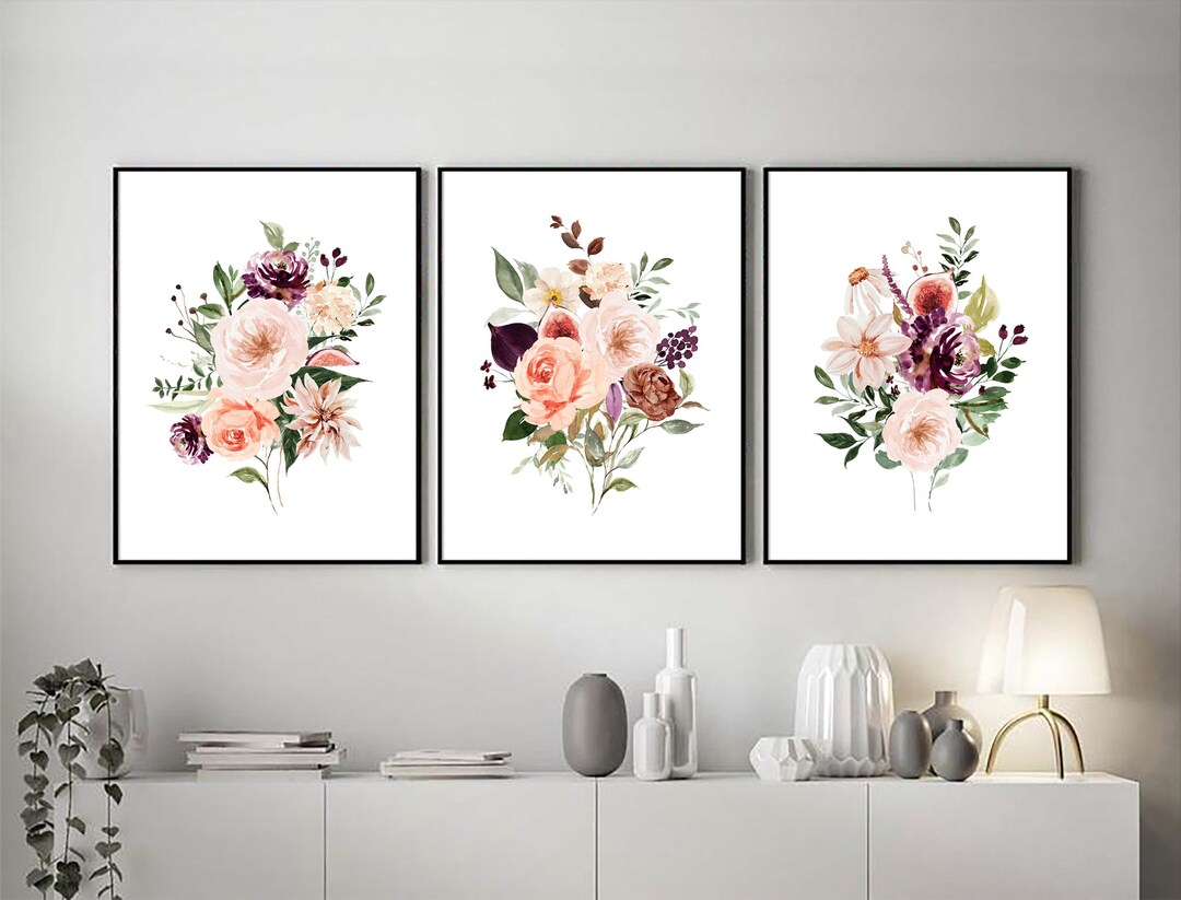 Peonies and Roses Art Set, Blush Pink Plum Flowers Prints, Download ...