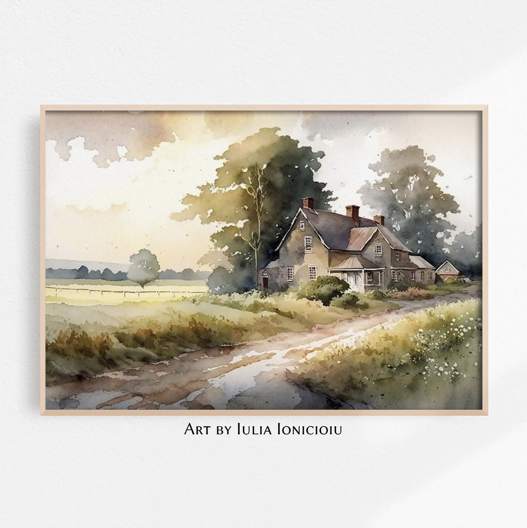 Old Farmhouse Landscape Painting Watercolor Farmhouse Neutral Wall ...