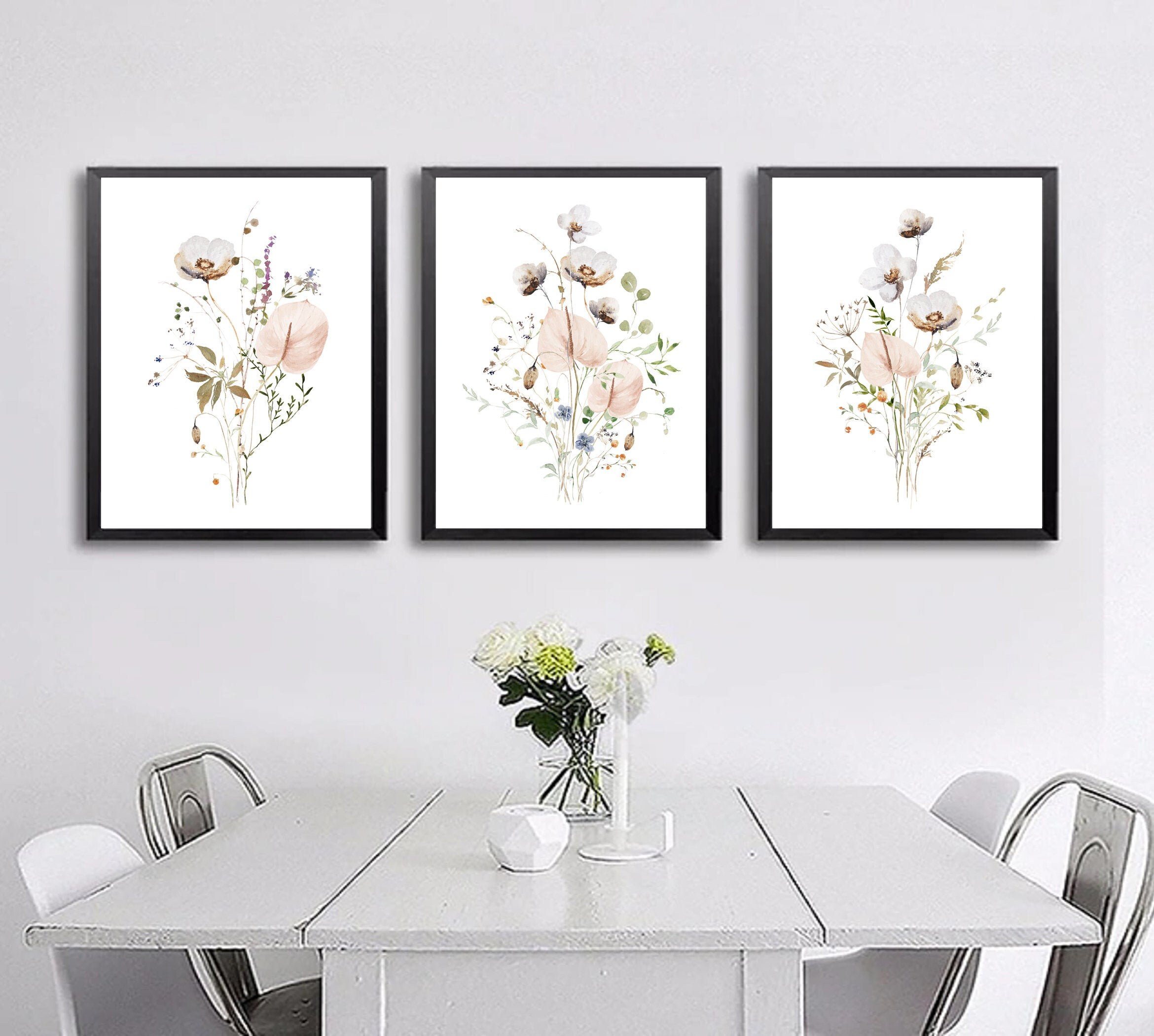 Blush Pink Flowers Art Set Wildflower Bouquet Prints - Etsy