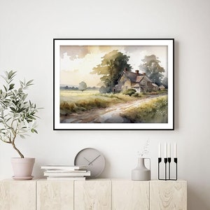 Old Farmhouse Landscape Painting Watercolor Farmhouse Neutral Wall ...