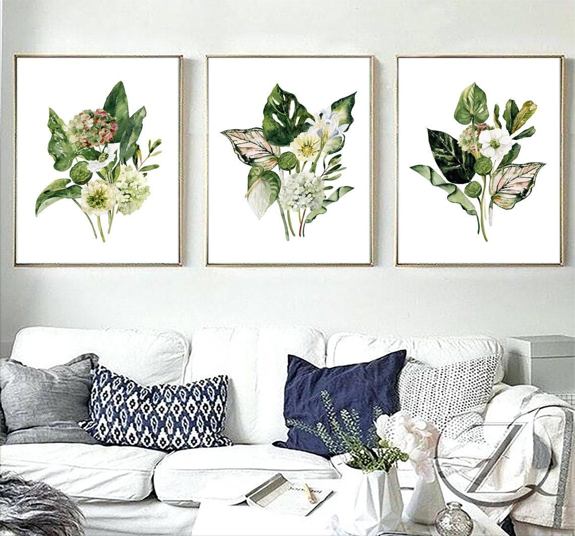 Green Flowers Art Set Tropical Greenery Printable Wall Art | Etsy