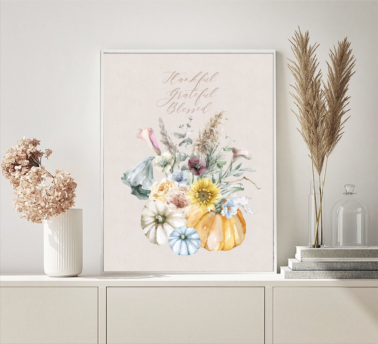 Thankful Grateful Blessed Fall Printable Art With Pumpkin and | Etsy