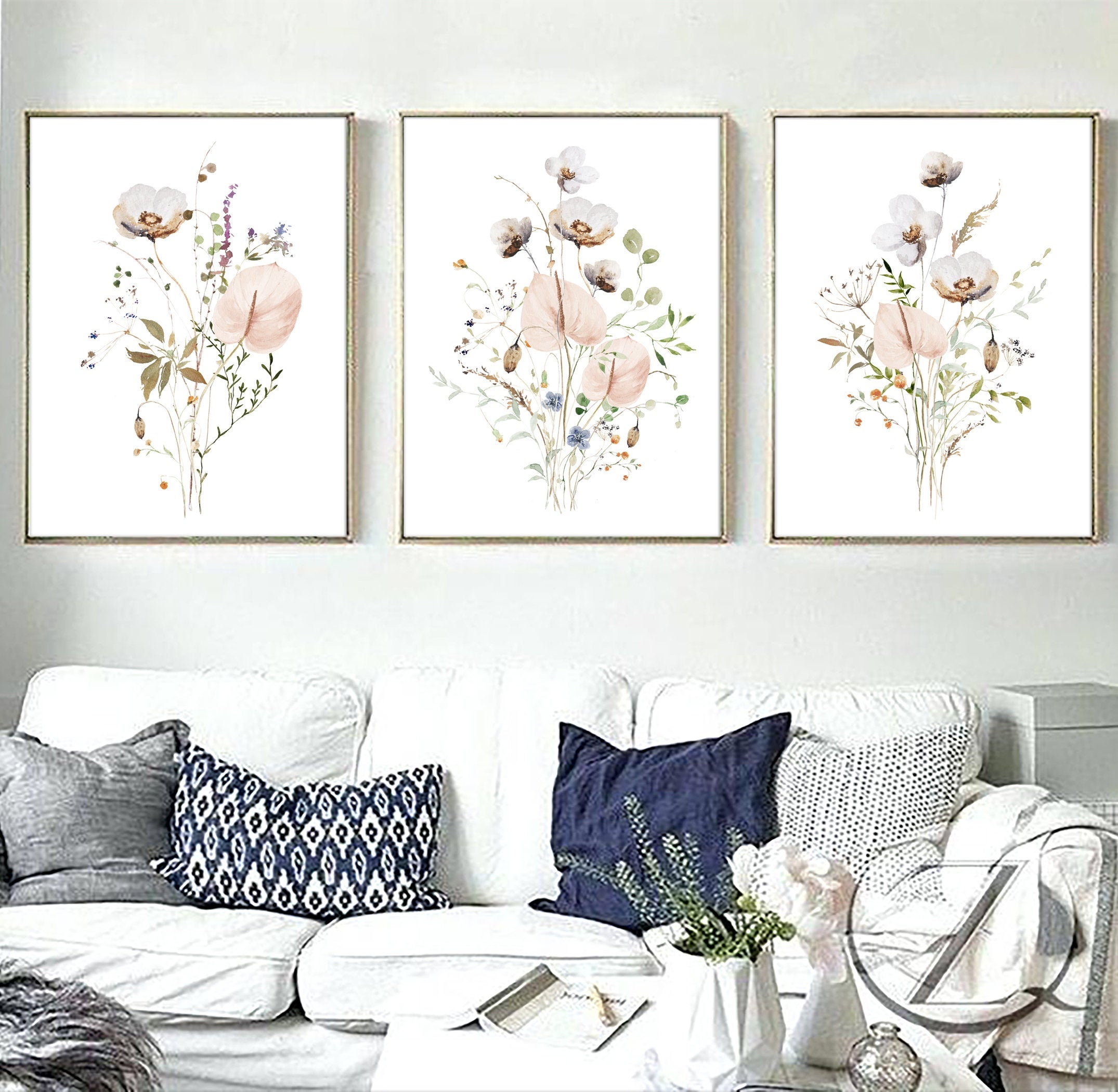 Blush Pink Flowers Art Set Wildflower Bouquet Prints - Etsy