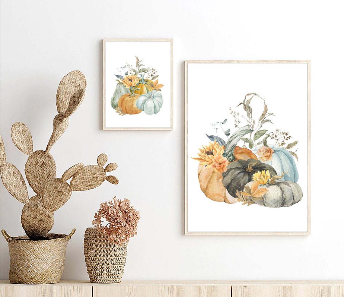 Fall Pumpkin Printable Art Set With Flowers Autumn Wall Art | Etsy