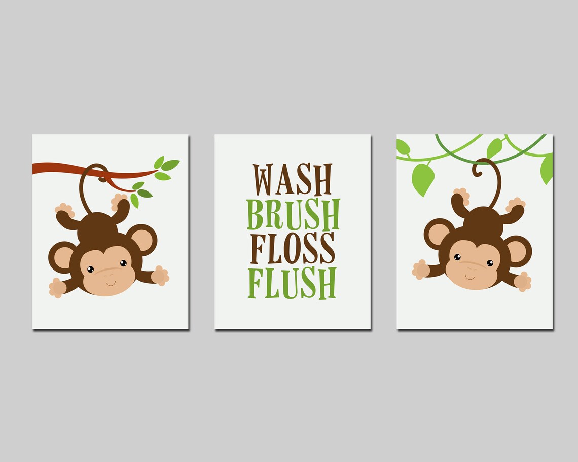 Monkeys Bathroom Wash Brush Floss Flush Printable Wall Art | Etsy