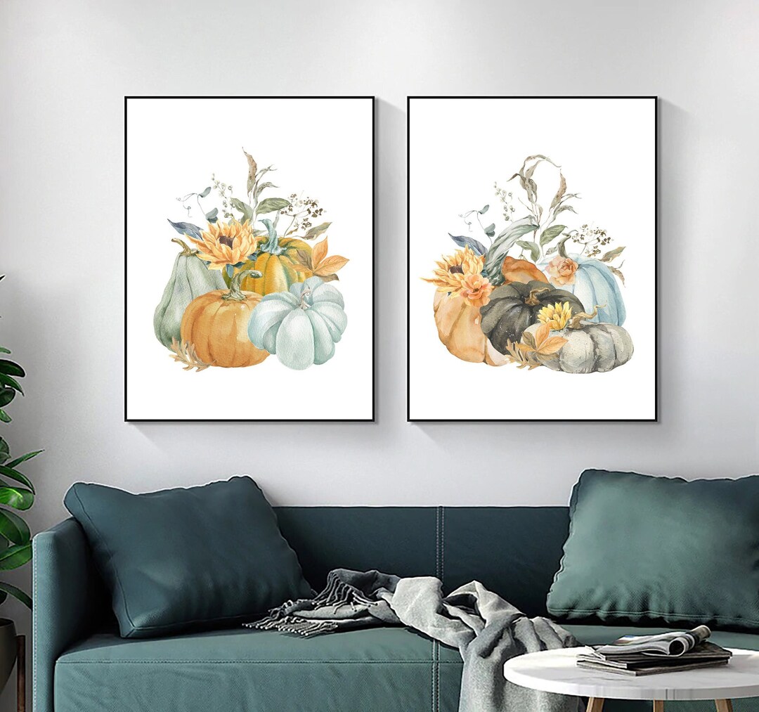 Fall Pumpkin Printable Art Set With Flowers , Autumn Wall Art Prints ...