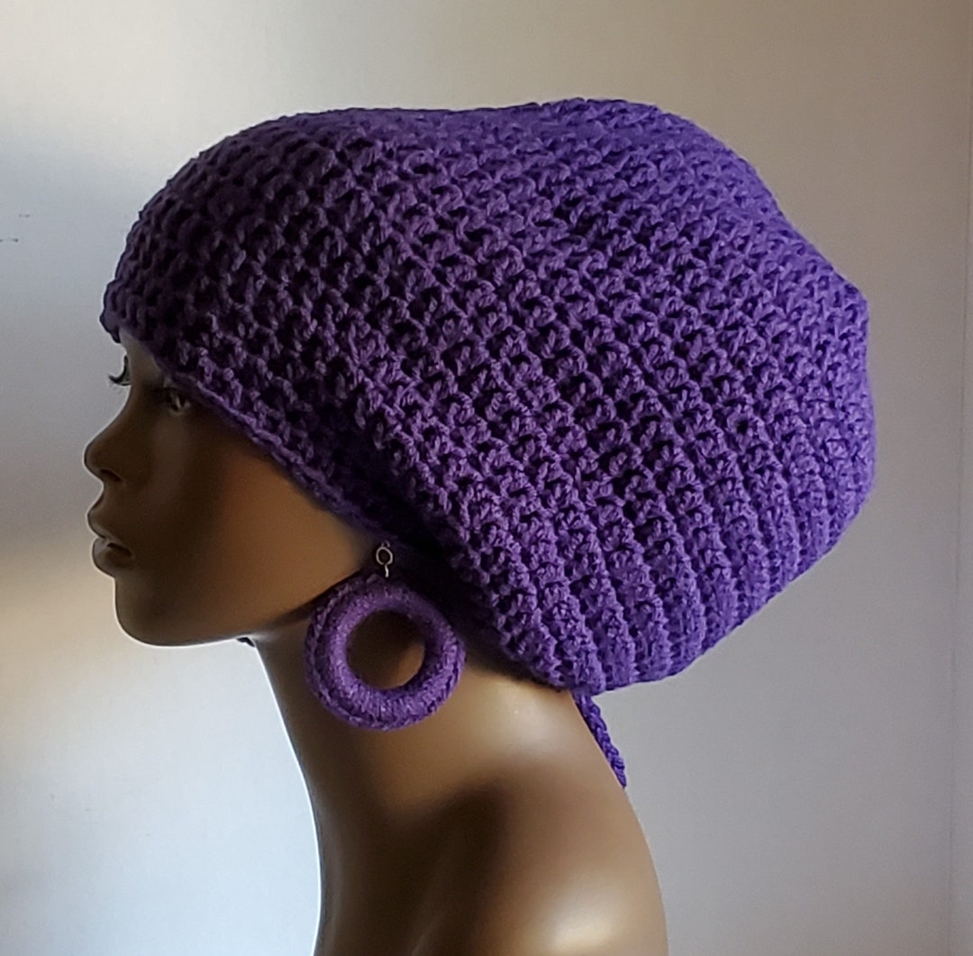 Crochet Dreadlock Tam Loc Hat With Drawstring Earrings Optional, Purple ...