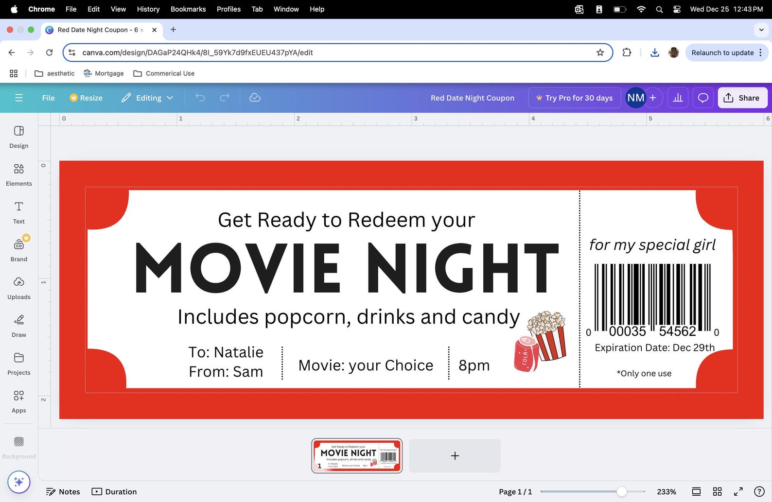 Movie Night Ticket, Custom Date Night Coupon, Date Night Idea, Romantic ...