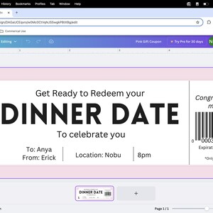 Custom Dinner Date Coupon, Digital Gift Ticket, Date Night Idea ...