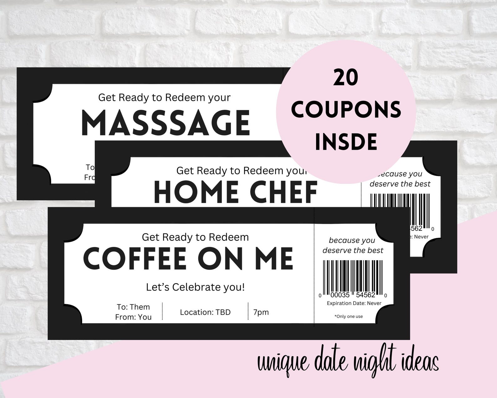 20 Custom Gift Coupons, Printable Vouchers for Couples, Date Night Idea ...