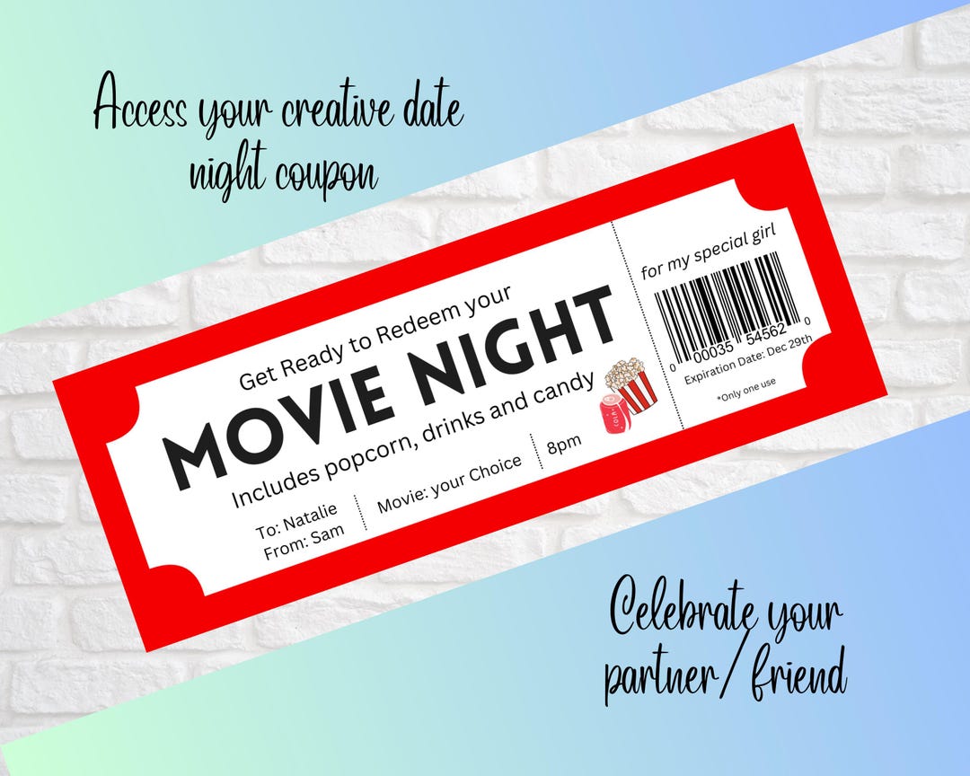 Movie Night Ticket, Custom Date Night Coupon, Date Night Idea, Romantic ...