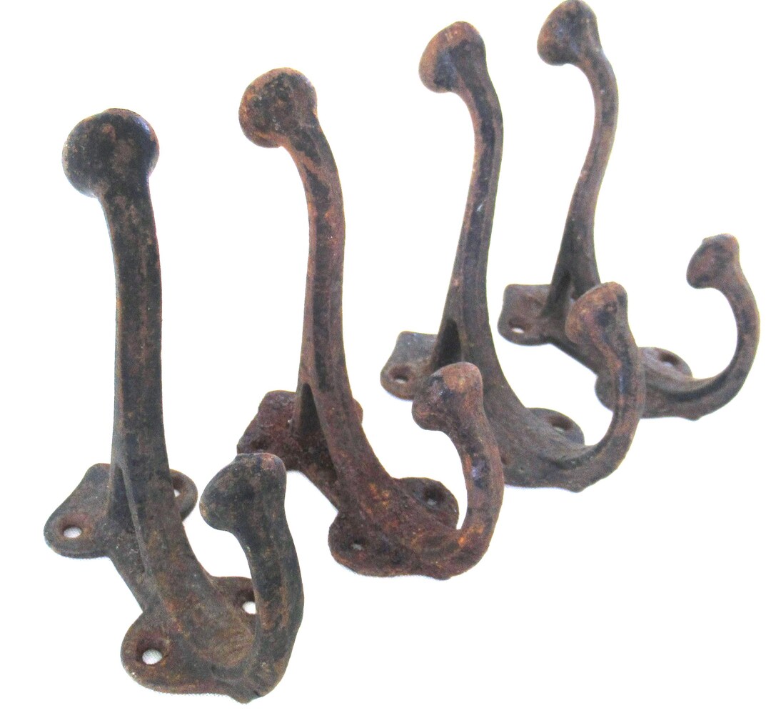 Antique Cast Iron Hooks, Set of 4 Antique Cast Iron Wall Hooks, Rustic ...
