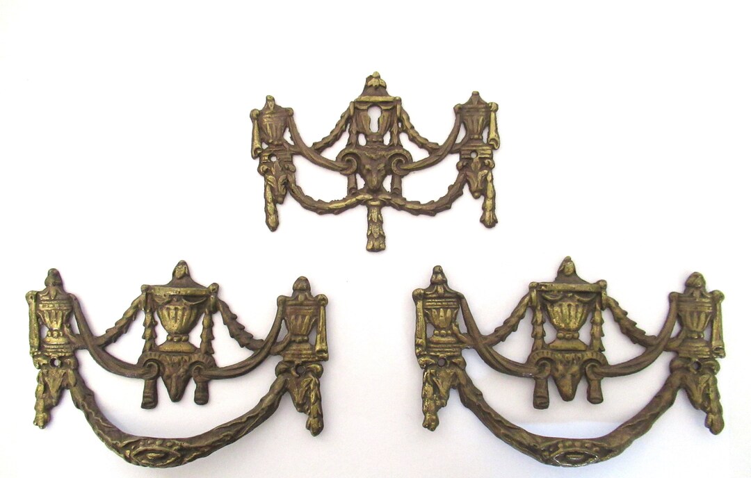 Set of 2 Antique Drawer Pulls and One Keyhole Cover, Cabinet Hardware ...