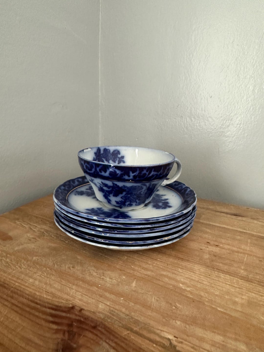 Antique Blue Flow Touraine by Stanley Pottery- 1 Tea Cup and 6 Saucers ...