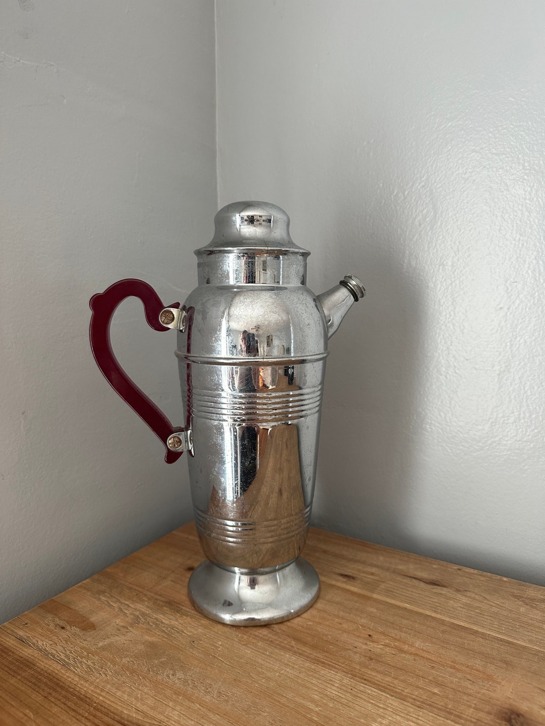 Vintage Art Deco Chrome Cocktail Pitcher With Crimson Bakelite Handle ...