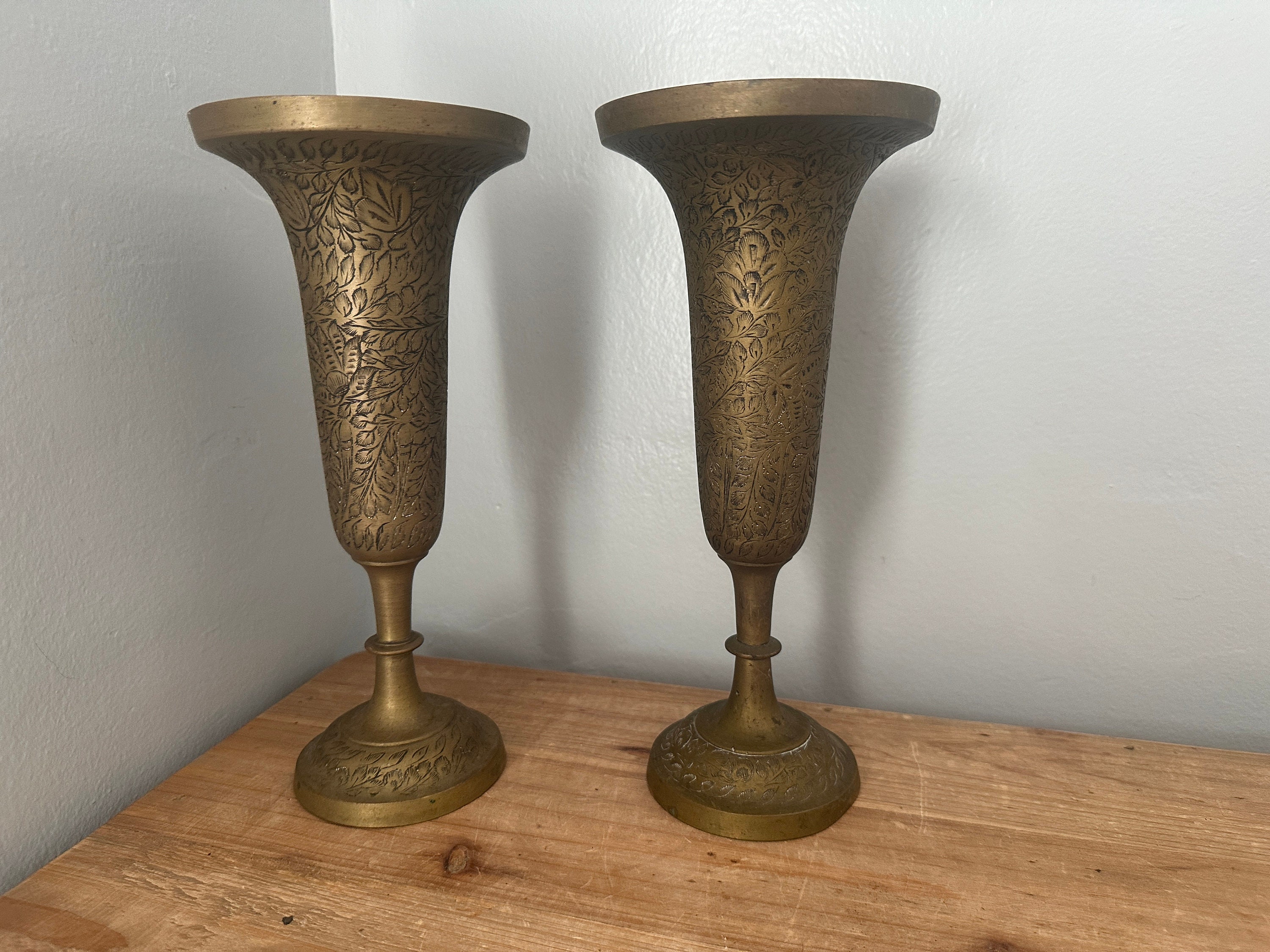 Set of 2 Bronze Engraved Trumpet Style Vases - Etsy