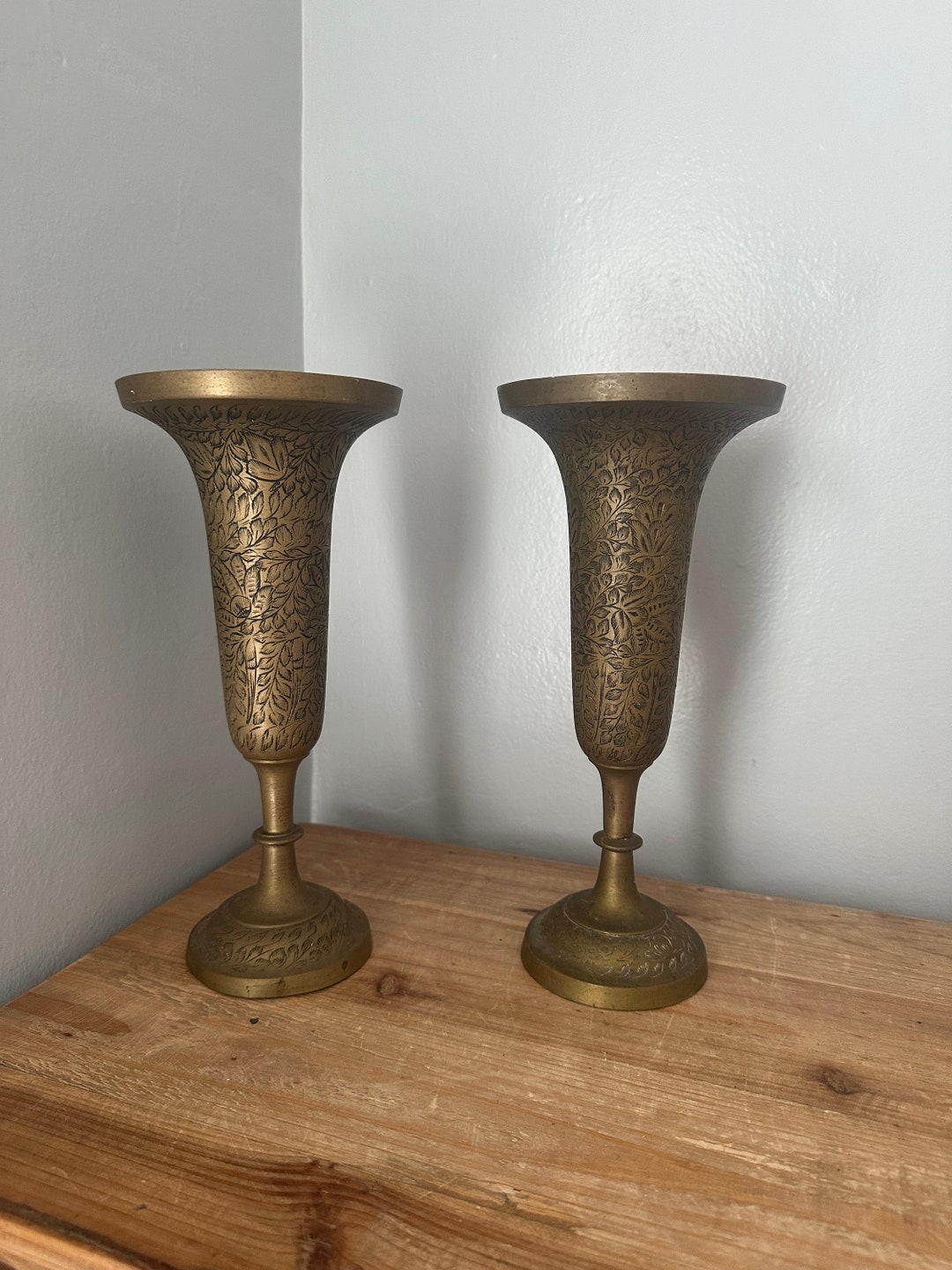 Set of 2 Bronze Engraved Trumpet Style Vases - Etsy