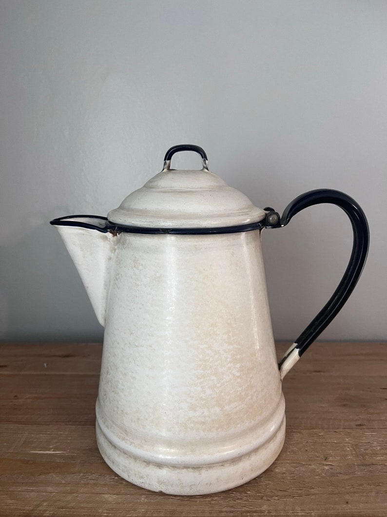 White and Navy Enamel Coffee Pot - Etsy