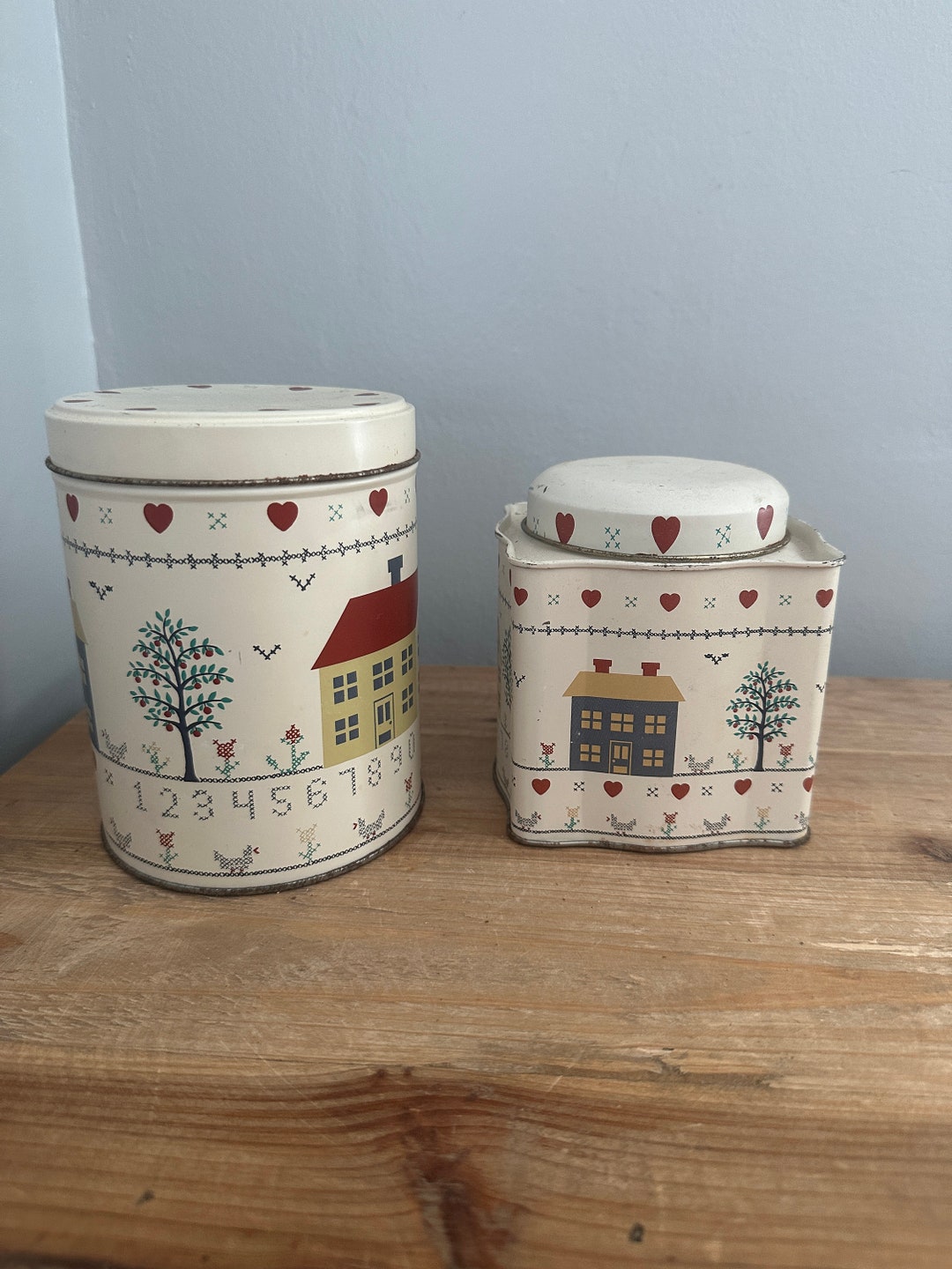 Set of Tins in Primitive Cross Stitch Style - Etsy