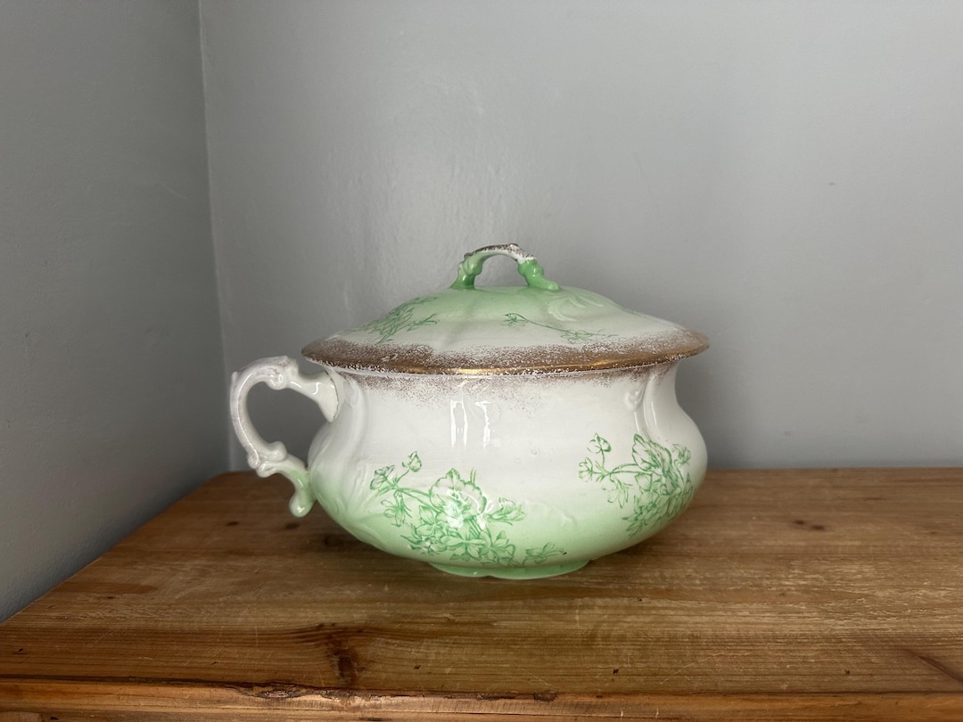 Antique Chamber Pot With Lid- 19th Century Green and White Design - Etsy