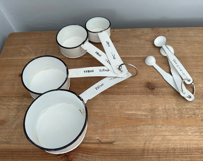 Vintage Black and White Enamel Measuring Cup and Spoon Set - Etsy