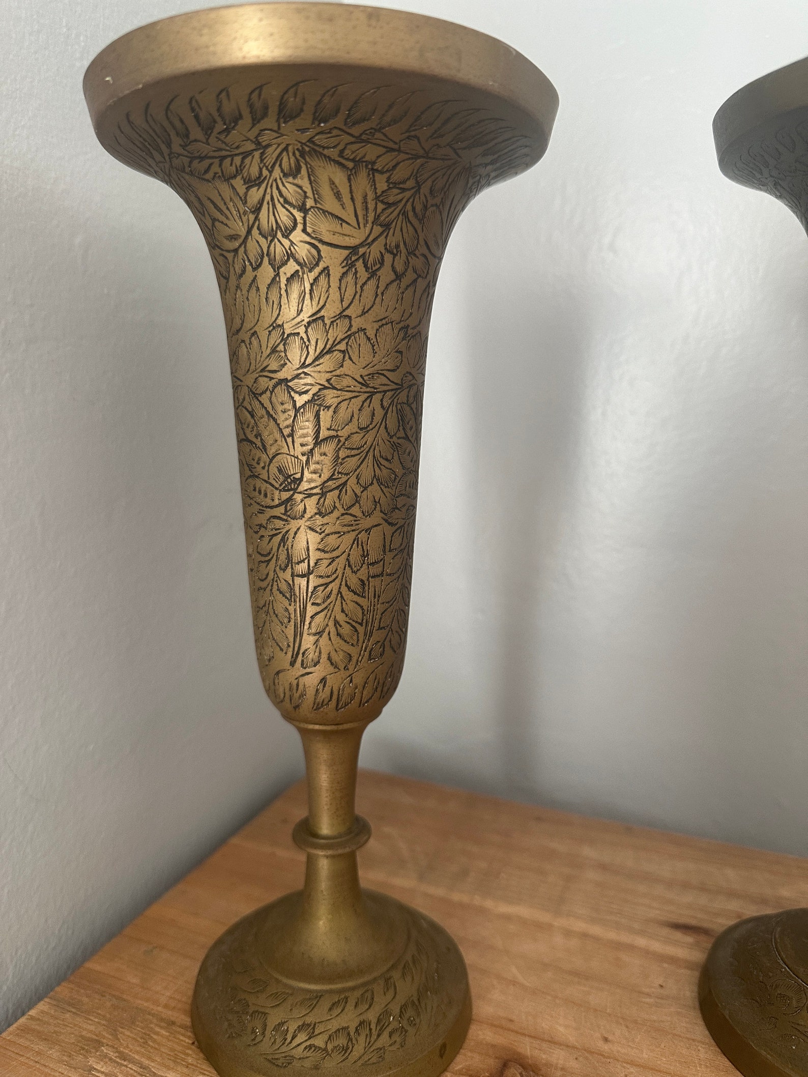 Set of 2 Bronze Engraved Trumpet Style Vases - Etsy