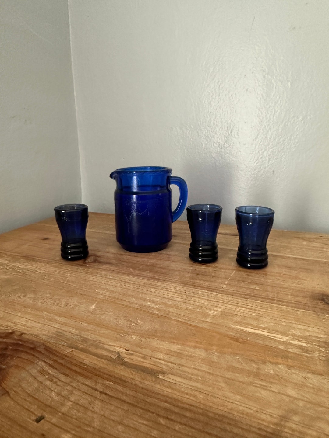 Vintage Mini Set Cobalt Blue Pitcher and 3 Cups - Etsy