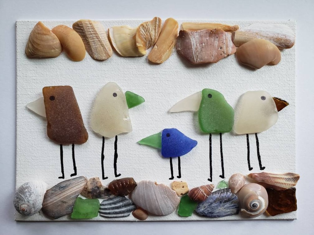 Beach Bird Art | Authentic Sea/bay Glass and Shells | 5x7 Canvas ...