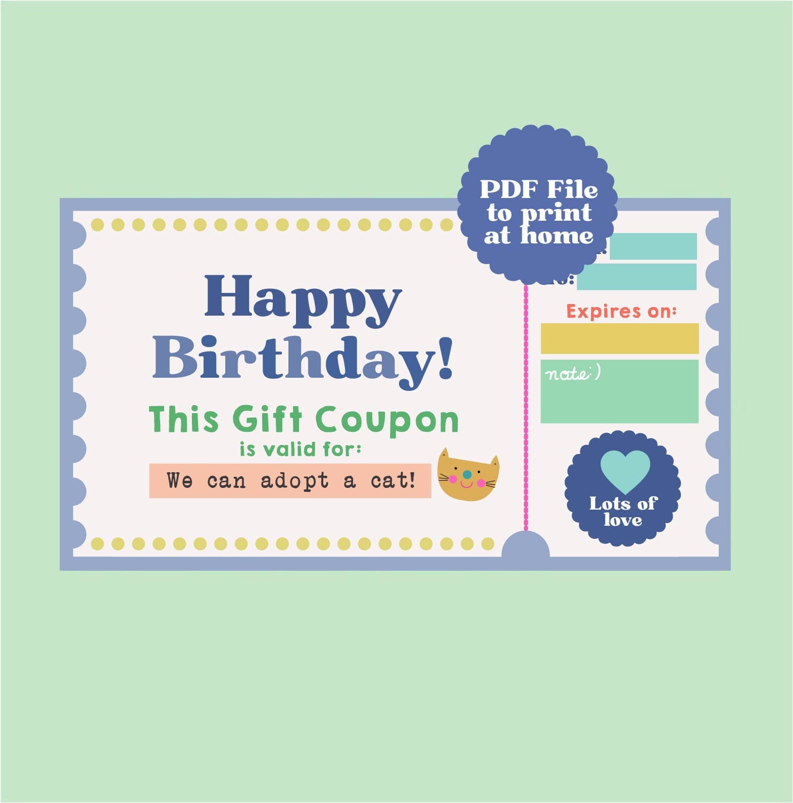 Printable Happy Birthday Coupon We Can Adopt A Cat (Instant Download ...