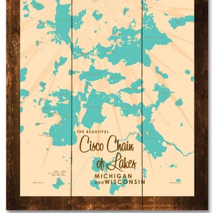 Cisco Chain of Lakes WI Michigan, Rustic Wood Sign Map Art - Etsy