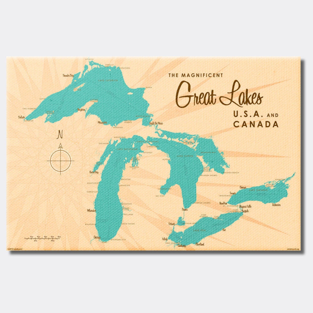 Great Lakes USA Canada | Lake House Décor | Cabin Art | Custom Map ...