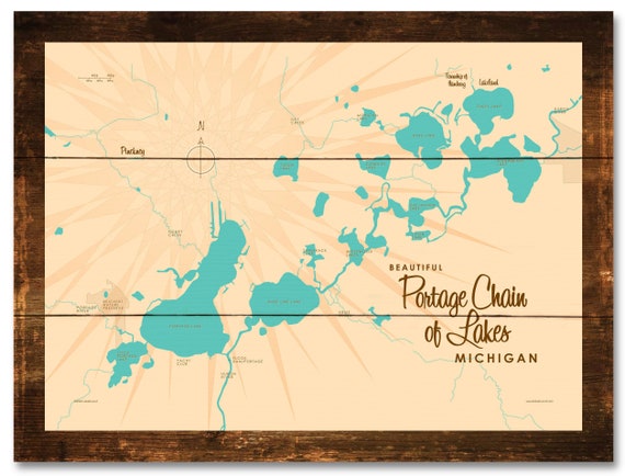 Portage Chain of Lakes Michigan Rustic Wood Sign Map Art - Etsy