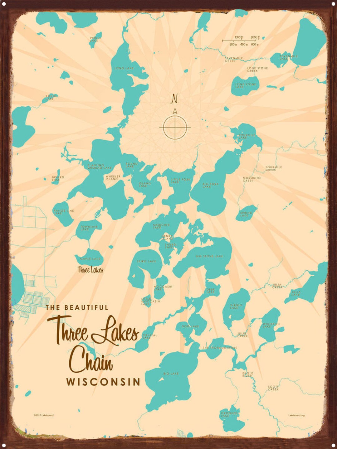 Three Lakes Chain Wisconsin | Lake House Décor | Cabin Art | Custom Map ...