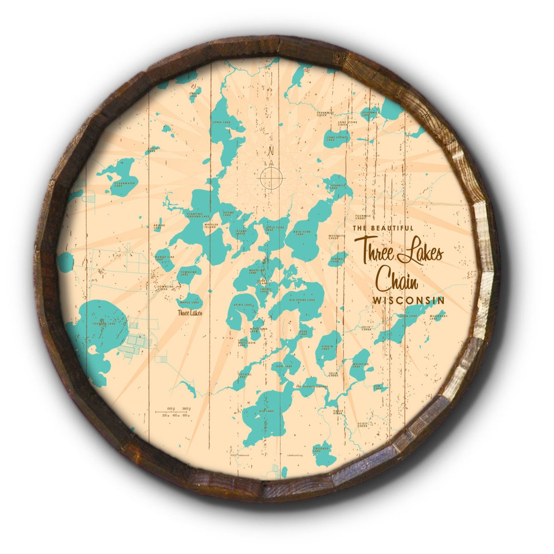 Three Lakes Chain Wisconsin, Rustic Barrel End Map Art - Etsy