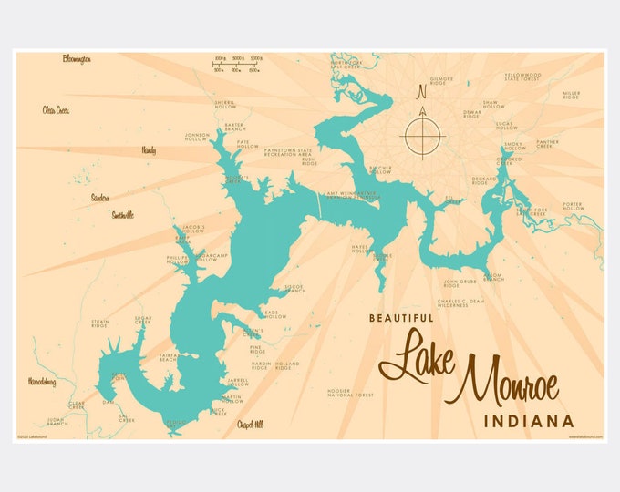 Lake Monroe Indiana Lake House Décor Cabin Art Custom Map Gifts Paper ...