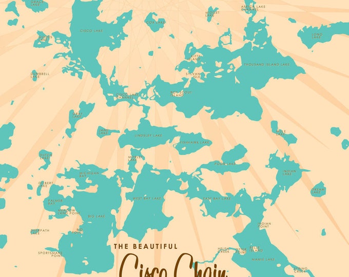 Cisco Chain of Lakes WI Michigan Lake House Décor Cabin Art Custom Map ...