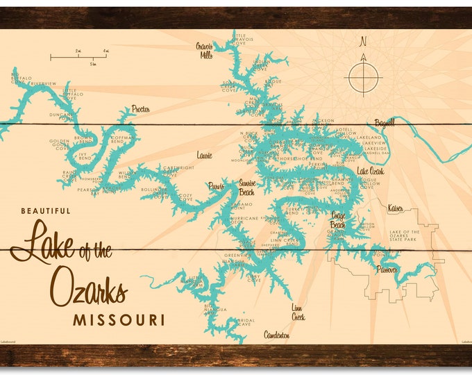 Lake of the Ozarks Missouri with Mile Markers, Rustic Wood Sign Map Art ...