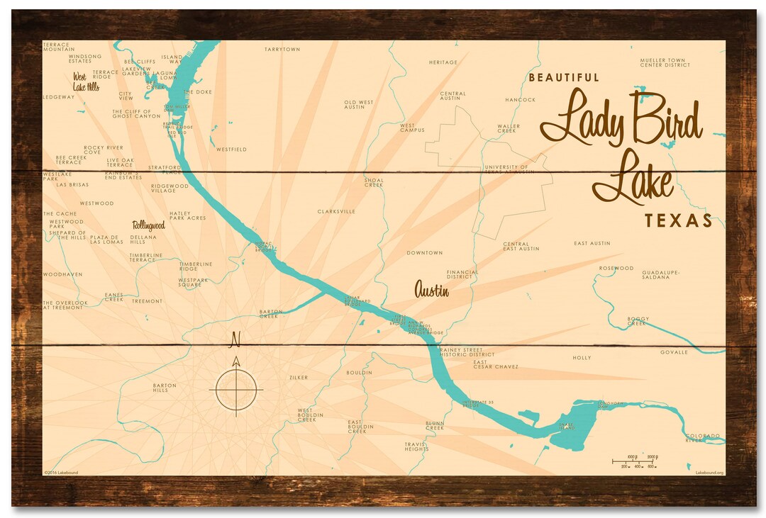 Lady Bird Lake Texas, Rustic Wood Sign Map Art - Etsy