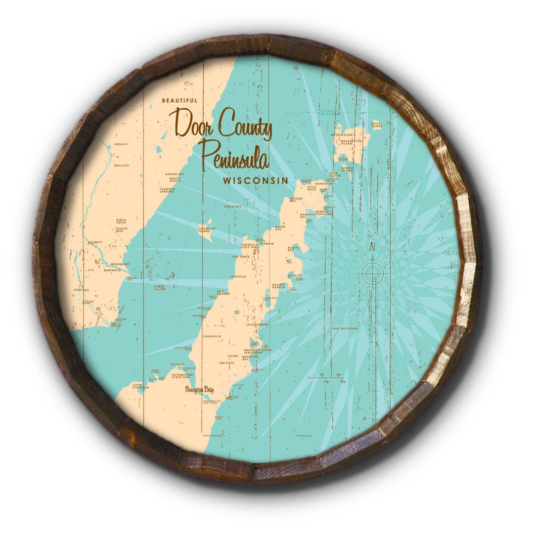 Door County Peninsula Wisconsin, Rustic Barrel End Map Art - Etsy