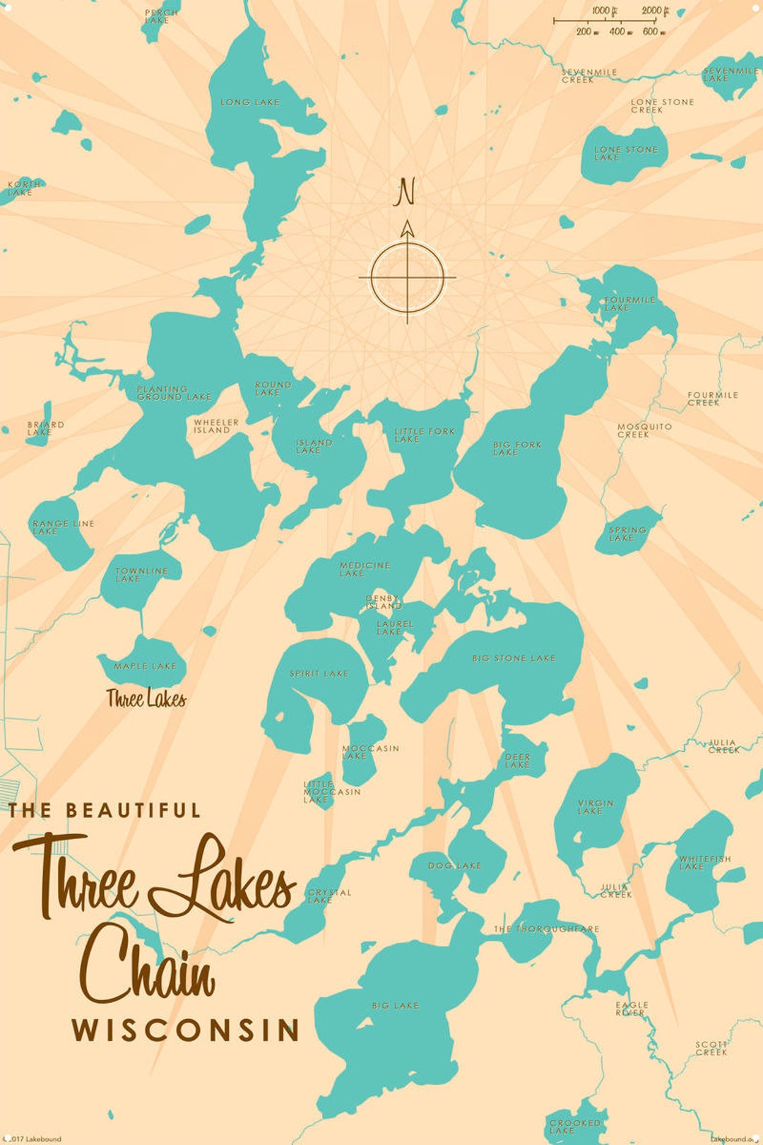 Three Lakes Chain Wisconsin | Lake House Décor | Cabin Art | Custom Map ...